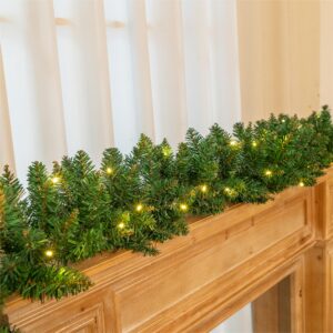 ENVEN 9FT Prelit Christmas Garland Artificial PE Mixed Pine Garland Decoration 50 LED Battery Operated Warm Lights and Timer Xmas Garlands Decor Walls Stairs Fireplaces Indoor Outdoor (GL001)