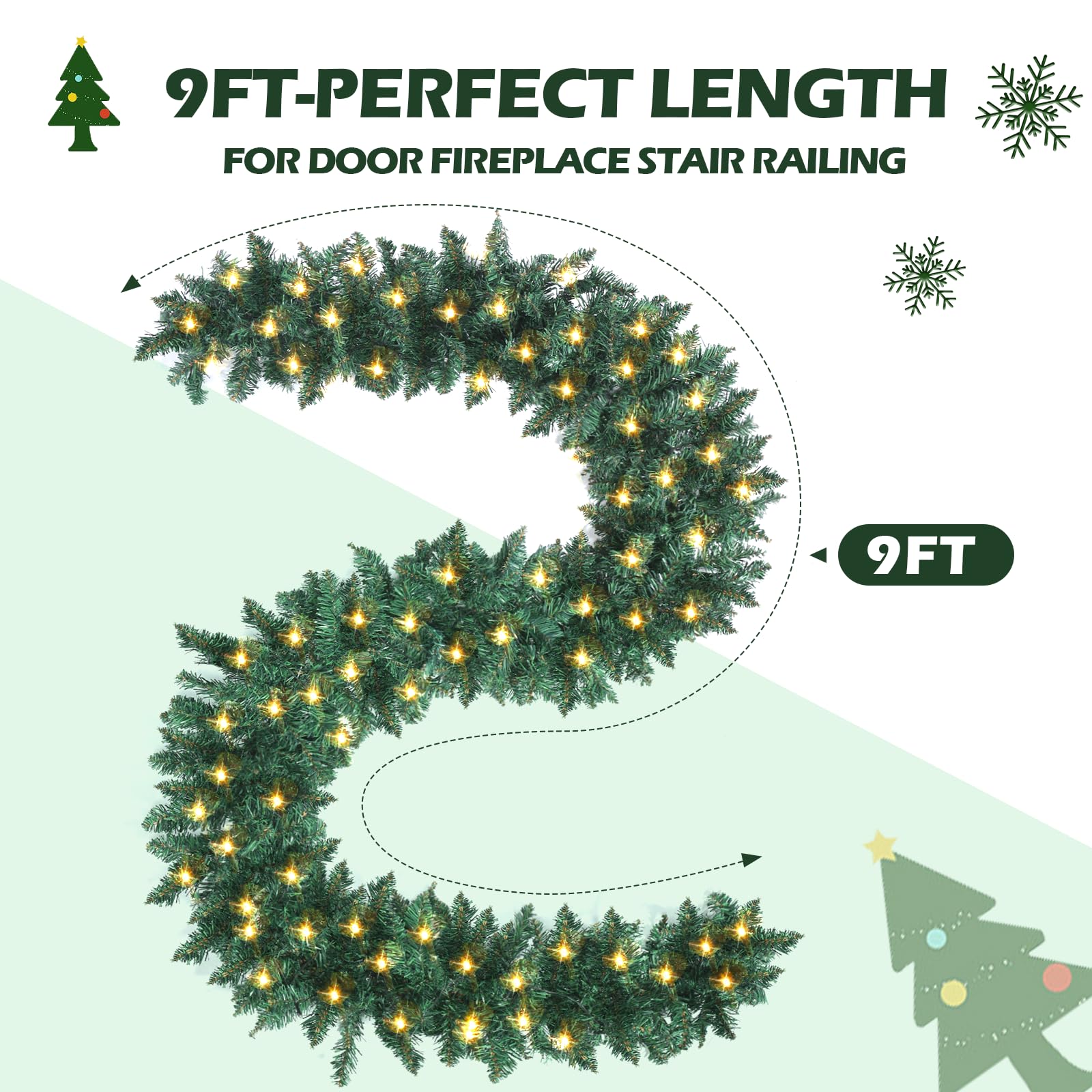 ENVEN 9FT Prelit Christmas Garland Artificial PE Mixed Pine Garland Decoration 50 LED Battery Operated Warm Lights and Timer Xmas Garlands Decor Walls Stairs Fireplaces Indoor Outdoor (GL001)