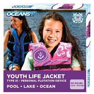 new oceans7 us coast guard-approved, type iii youth life jacket - personal flotation device with flex-form chest and open-sided design – pink/berry