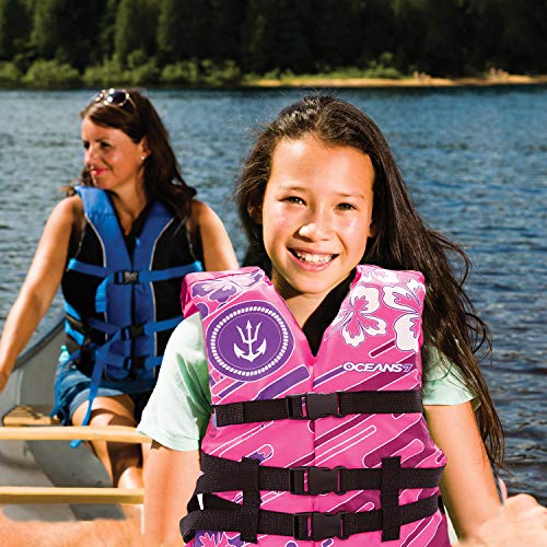 New Oceans7 US Coast Guard-Approved, Type III Youth Life Jacket - Personal Flotation Device with Flex-Form Chest and Open-Sided Design – Pink/Berry