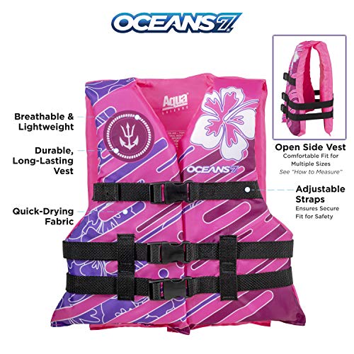 New Oceans7 US Coast Guard-Approved, Type III Youth Life Jacket - Personal Flotation Device with Flex-Form Chest and Open-Sided Design – Pink/Berry