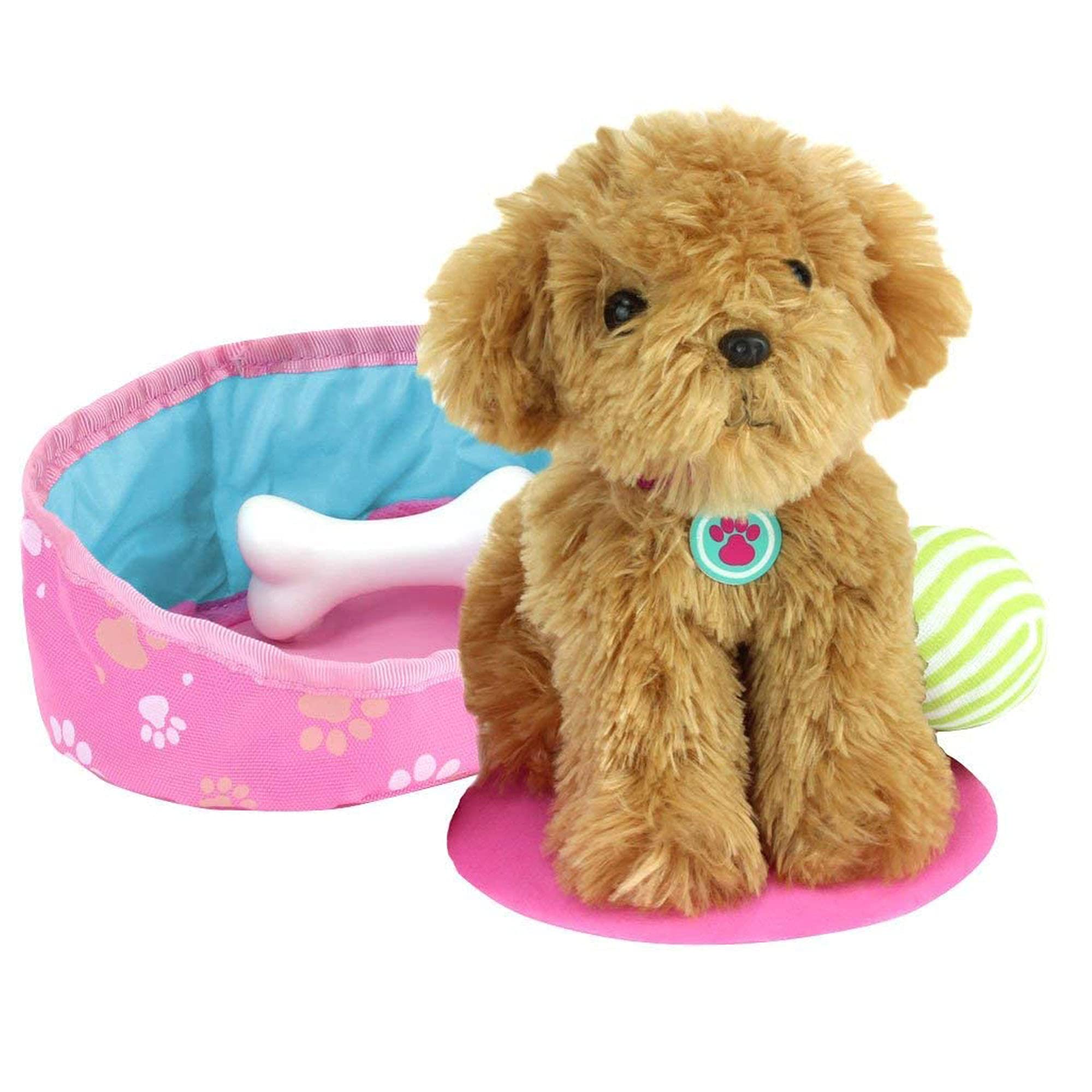 Sophia's Plush Puppy Dog and Accessories Set with Leash, Food Bowl, Brush, Toy Ball, Toy Bone, Bed, and Blanket for 18" Dolls, Multicolor