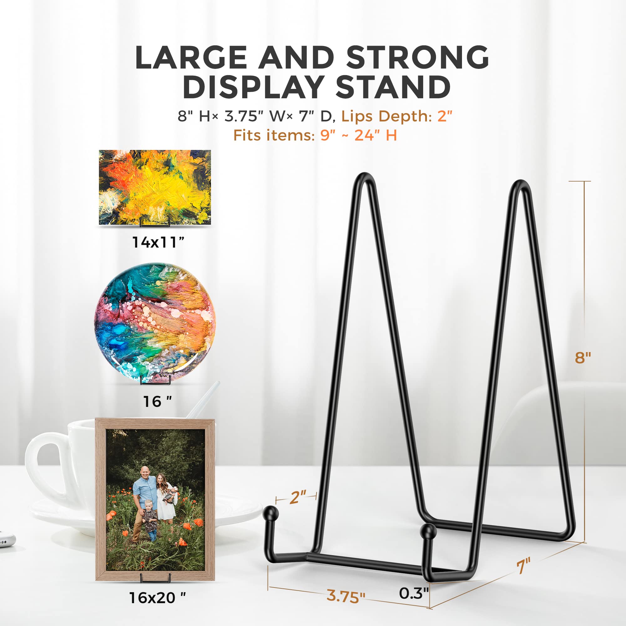 TR-LIFE 3 Pack 8 Inch Large Plate Stands for Display - Plate Holder Display Stand + Metal Frame Holder Stand for Picture, Book, Decorative Plate, Platter, Photo Easel (3 Pack)