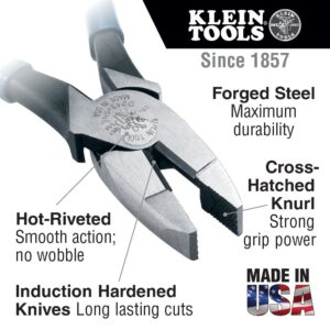 Klein Tools D213-9 Lineman's Square Nose Pliers, Made in USA, High Leverage Electrical Pliers with Induction Hardened Knives, 9-Inch