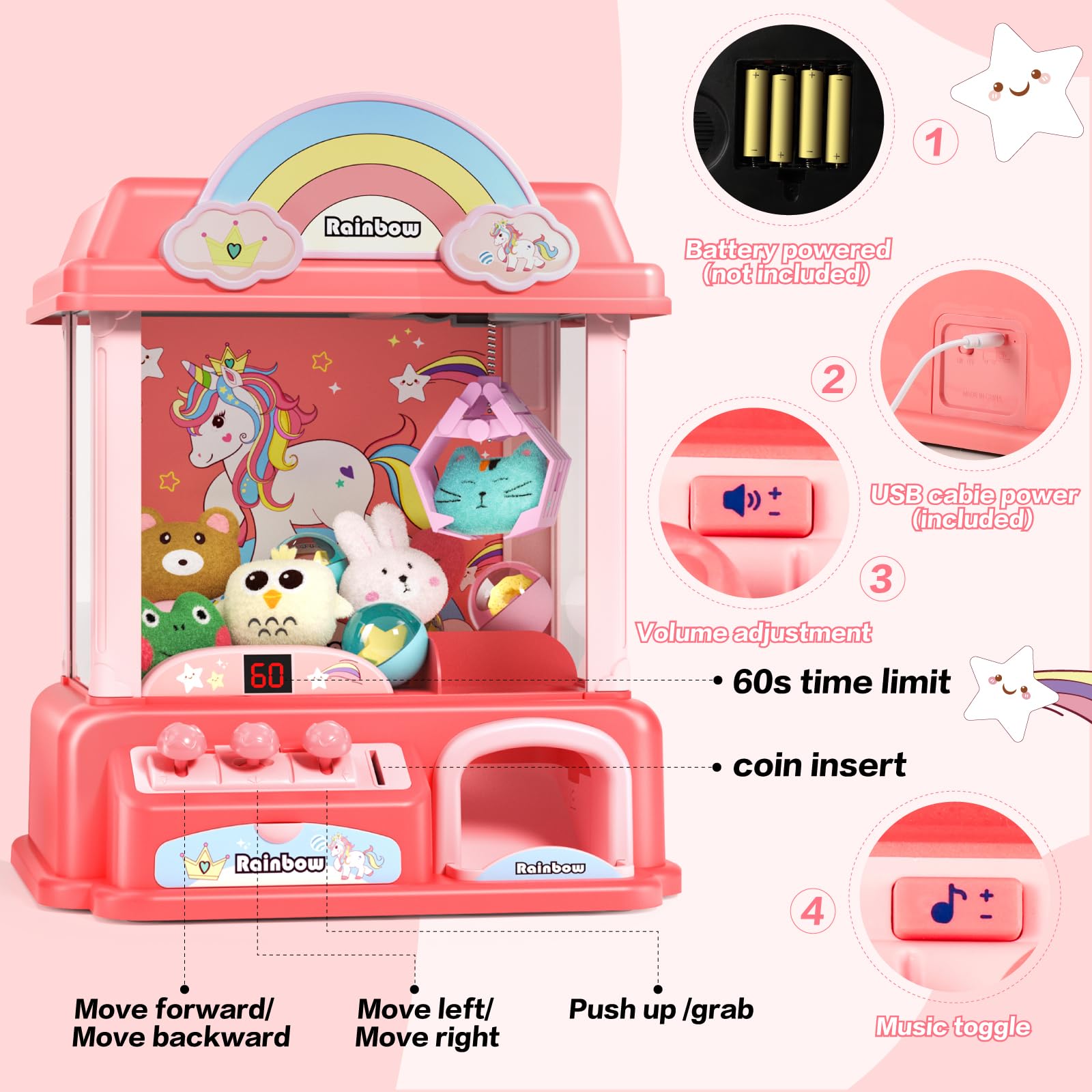 DOLIVE Claw Machine for Kids, Mini Vending Machines Arcade Candy Indoor Claw Game Prizes Toy, Electronic Pink Cool Fun Things Small Christmas Toys for Girls, Gifts for Girl 5 6 7 8 9 10 Year Old