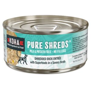 koha pure shreds duck entrée for cats, single meat wet cat food 2.8oz cans (pack of 24)