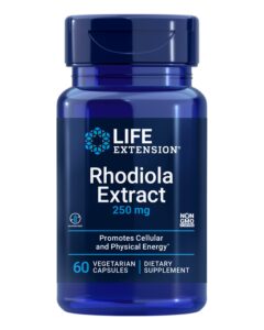 life extension rhodiola extract, rhodiola rosea supplement, standardized extract, promotes physical and mental performance, gluten-free, non-gmo, vegetarian, 250 mg, 60 capsules