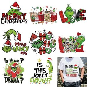 9 pcs christmas iron on decals transfer heat transfer design sticker iron on vinyl patches,cartoon christmas grinch htv iron on transfer paper for clothing hat pillow backpack diy craft supplies