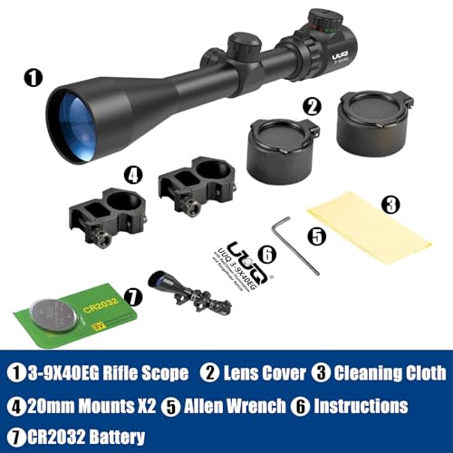 UUQ 3-9×40 Rifle Scope with Red/Green Illumination and Rangefinder Reticle - Includes Batteries, Fits 20mm Free Mounts, Waterproof and Fog-Proof,for Hunting,Airsoft and Pellet Guns