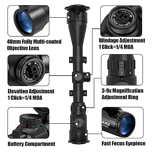 UUQ 3-9×40 Rifle Scope with Red/Green Illumination and Rangefinder Reticle - Includes Batteries, Fits 20mm Free Mounts, Waterproof and Fog-Proof,for Hunting,Airsoft and Pellet Guns