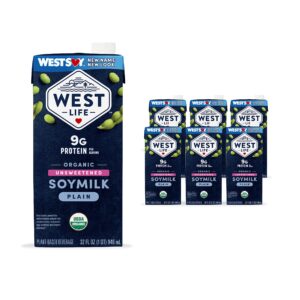 west life organic soy milk, unsweetened plain, low sugar, 9g of protein, vegan dairy alternative, lactose-free, shelf stable, 32oz (pack of 6)