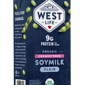 West Life Organic Soy Milk, Unsweetened Plain, Low Sugar, 9g of Protein, Vegan Dairy Alternative, Lactose-Free, Shelf Stable, 32oz (Pack of 6)