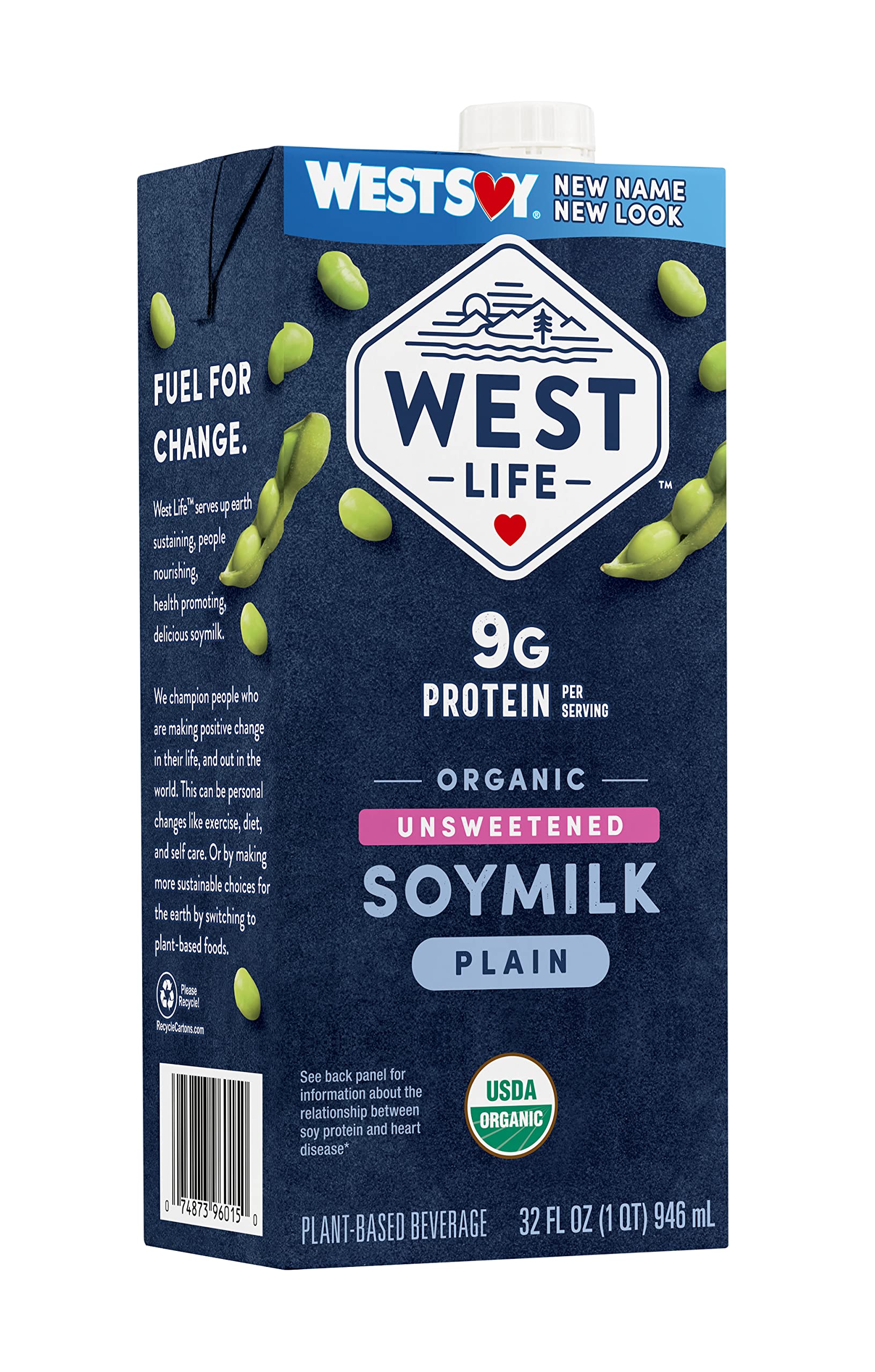 West Life Organic Soy Milk, Unsweetened Plain, Low Sugar, 9g of Protein, Vegan Dairy Alternative, Lactose-Free, Shelf Stable, 32oz (Pack of 6)