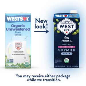 West Life Organic Soy Milk, Unsweetened Plain, Low Sugar, 9g of Protein, Vegan Dairy Alternative, Lactose-Free, Shelf Stable, 32oz (Pack of 6)