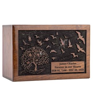 intaj cremation urn for human ashes adult male female - tree of life wooden box urn for ashes - handmade decorative funeral urn (customised tree birds, l (9x6x5) 185 cu/in)