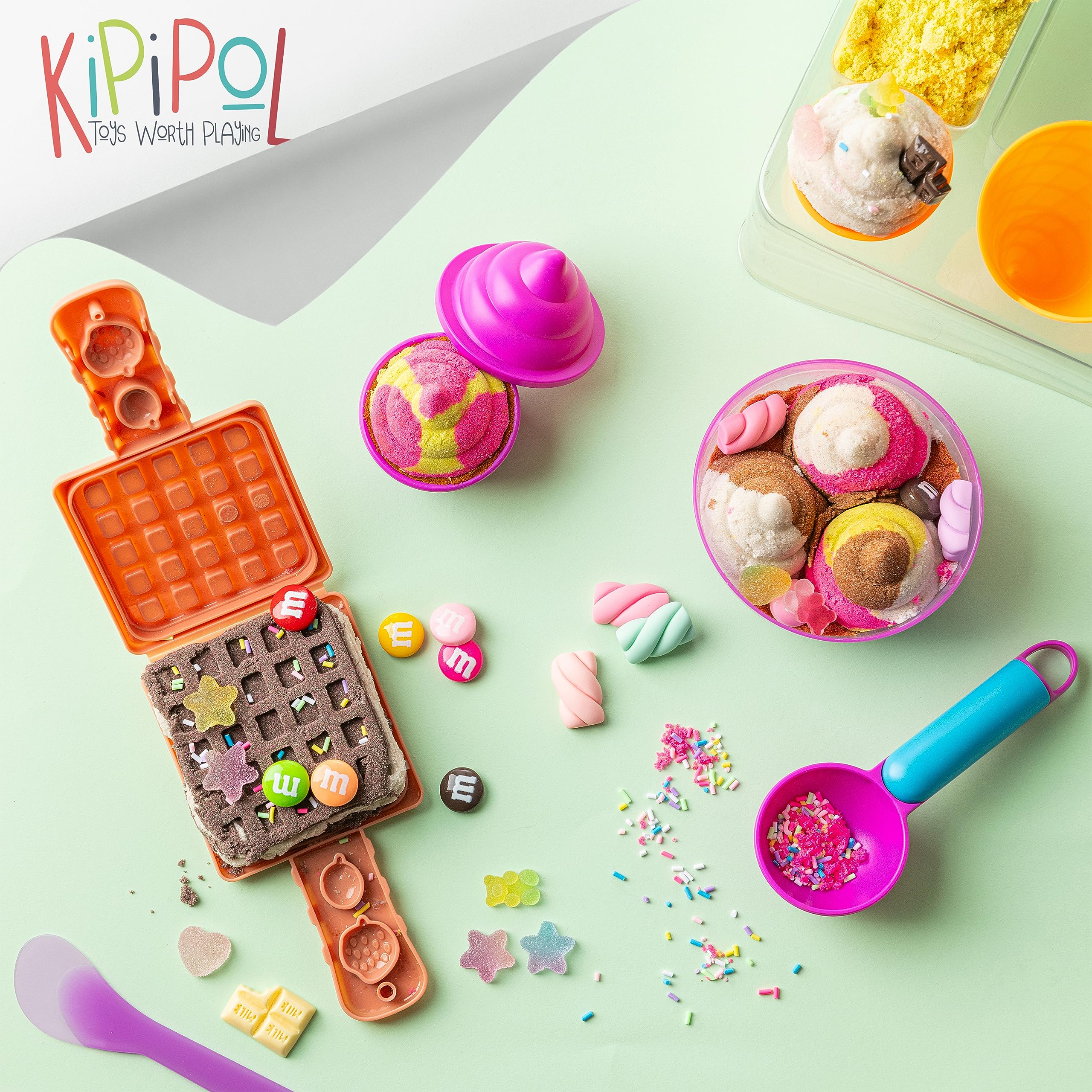 Kipipol Sensory bin - 29 pcs Ice Cream Toy Shop Play Sand Kit with 9 Ice Cream Sand Toys, 1.7 LB Moon Sand for Kids, Sandbox with A Lid - Pretend Play Sensory Toys for Girls and Boys age 3-5 and Up