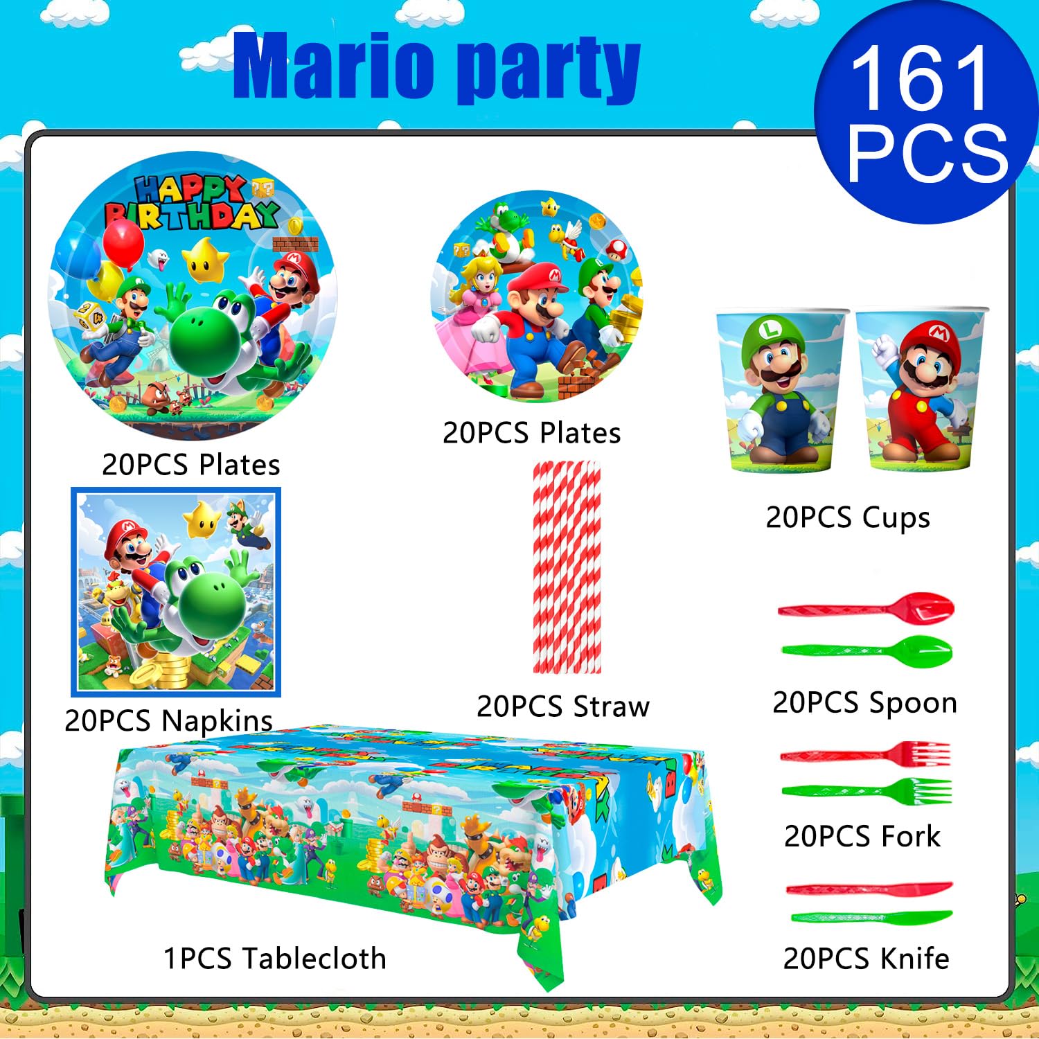 Fruitful Life Super Mario Party Decorations, 161pcs Place Setting - Mario Themed Plates, Napkins, Cups & Tablecloth etc for Boys/Girls Kids Birthday