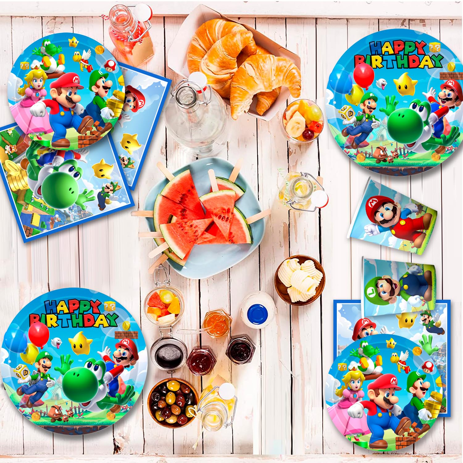 Fruitful Life Super Mario Party Decorations, 161pcs Place Setting - Mario Themed Plates, Napkins, Cups & Tablecloth etc for Boys/Girls Kids Birthday