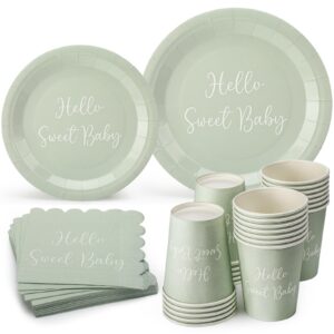 mifoci 122 pcs baby shower sage green party supplies include 7 inch 9 inch disposable sage green paper plates 9 oz paper cup sage green napkin cocktail napkins