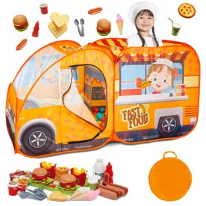 kiddzery food truck play tent - 54 pc. food set pop up playhouse - pretend play toys for toddlers - ball pit playset - indoor & outdoor toy tents for kids - trucks for boys & girls