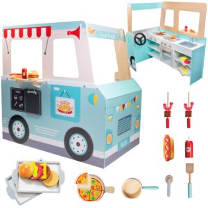 svan food truck wooden playset, 20 fun toy pieces including cook top, steering wheel, sticker sheet for kids name, includes food tray, pizza slices & more, dual sided play stand for indoor fun