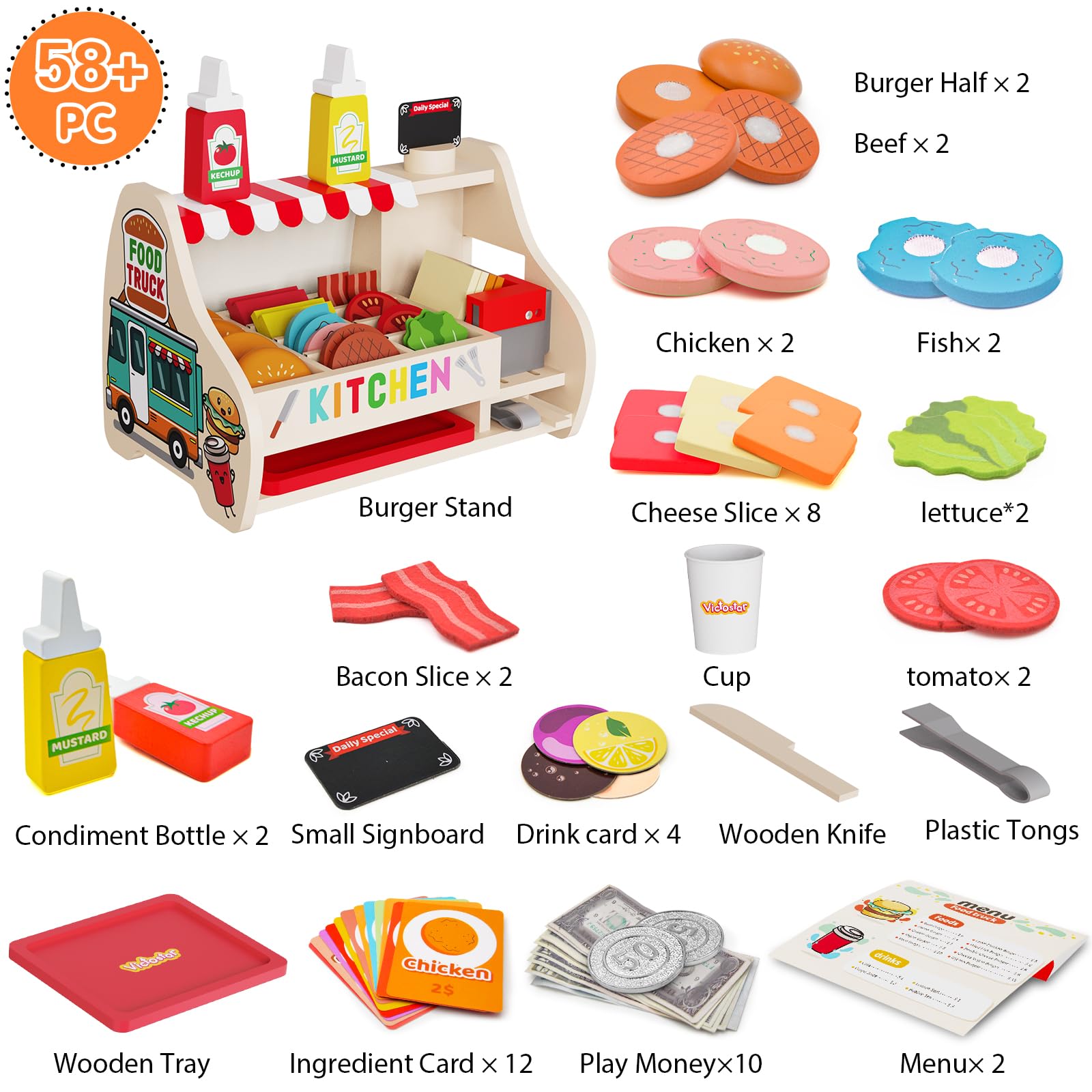 Victostar Wooden Play Food Set (58 pcs) Slice & Stack Sandwich Counter, Pretend Play Store Food Toys, Burger Shop Toys for Boys and Girls