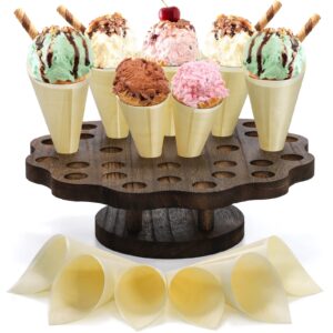 avla ice cream cone holder with 100 wooden cones, 36 holes waffle cone display stand, snack tray for wedding, hand roll sushi popcorn rack for birthday party, buffet, restaurant, food truck