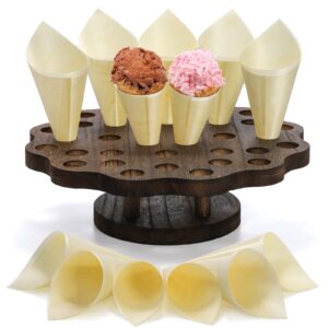 AVLA Ice Cream Cone Holder with 100 Wooden Cones, 36 Holes Waffle Cone Display Stand, Snack Tray for Wedding, Hand Roll Sushi Popcorn Rack for Birthday Party, Buffet, Restaurant, Food Truck