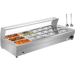 vevor 110v bain marie food warmer 12 pan x 1/3 gn, food grade stainelss steel commercial food steam table 6-inch deep, 1800w electric countertop food warmer 96 quart with tempered glass shield