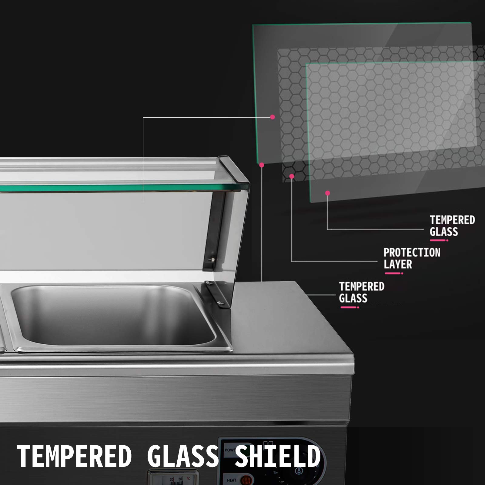 VEVOR 110V Bain Marie Food Warmer 12 Pan x 1/3 GN, Food Grade Stainelss Steel Commercial Food Steam Table 6-Inch Deep, 1800W Electric Countertop Food Warmer 96 Quart with Tempered Glass Shield