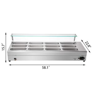 VEVOR 110V Bain Marie Food Warmer 12 Pan x 1/3 GN, Food Grade Stainelss Steel Commercial Food Steam Table 6-Inch Deep, 1800W Electric Countertop Food Warmer 96 Quart with Tempered Glass Shield