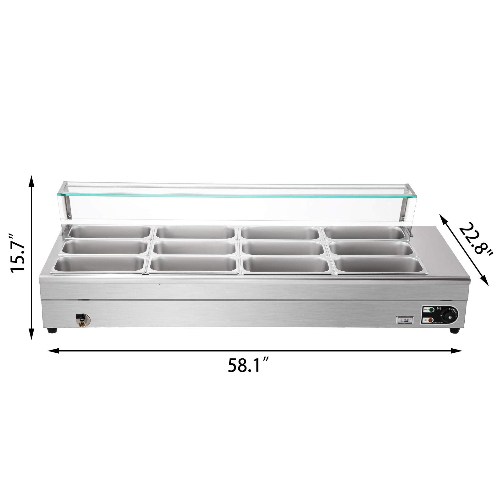 VEVOR 110V Bain Marie Food Warmer 12 Pan x 1/3 GN, Food Grade Stainelss Steel Commercial Food Steam Table 6-Inch Deep, 1800W Electric Countertop Food Warmer 96 Quart with Tempered Glass Shield