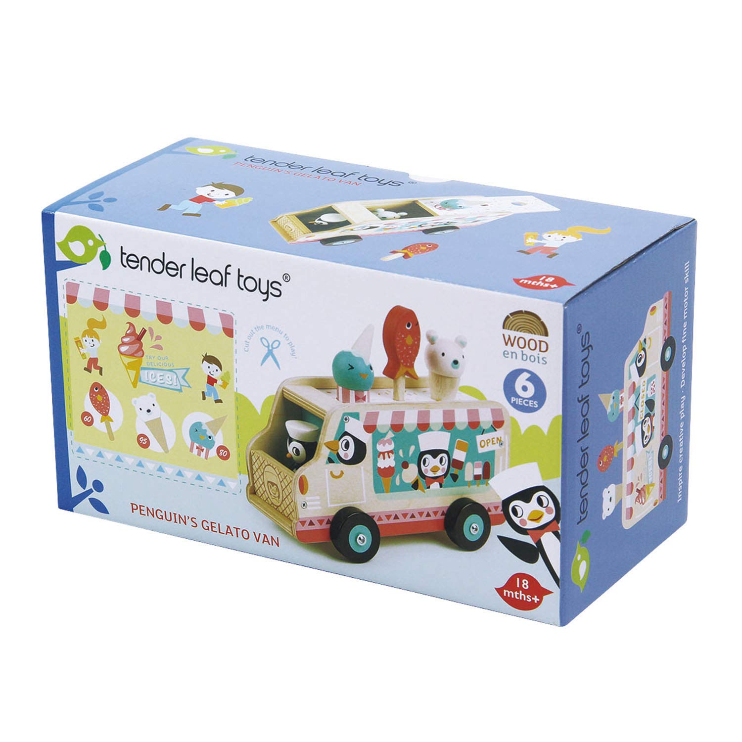 Tender Leaf Toys - Penguin’s Gelato Van - Food Truck Style Pretend Play, Ice Cream and Ice Lolly Wooden Vehicle - Encourage Role Play and Develops Social Skills for Children - Age 18m+