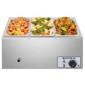 rovsun 21qt electric commercial food warmer, 110v 3-pan stainless steel bain marie buffet, 6.9 qt/pan stove steam table with temperature control & lid for parties, catering, restaurants