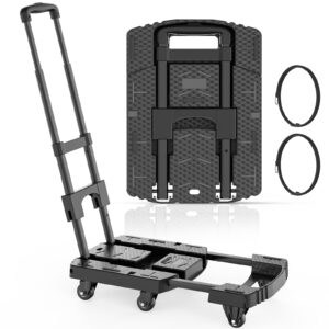 folding hand truck, pre-installed 600lbs heavy duty dolly cart, portable 6 wheels collapsible luggage cart with 2 elastic ropes for luggage, travel, moving, shopping, office use