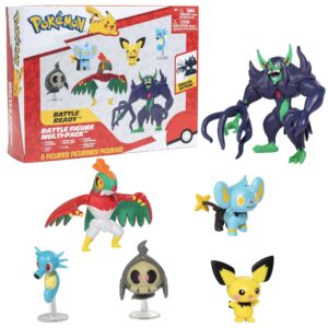 pokémon figure battle ready set with 4.5" deluxe action grimmsnarl, 6 pieces - includes 2" pichu, duskull, shinx, hawlucha & horsea - officially licensed - gift for kids, boys, girls & fans of pokemon