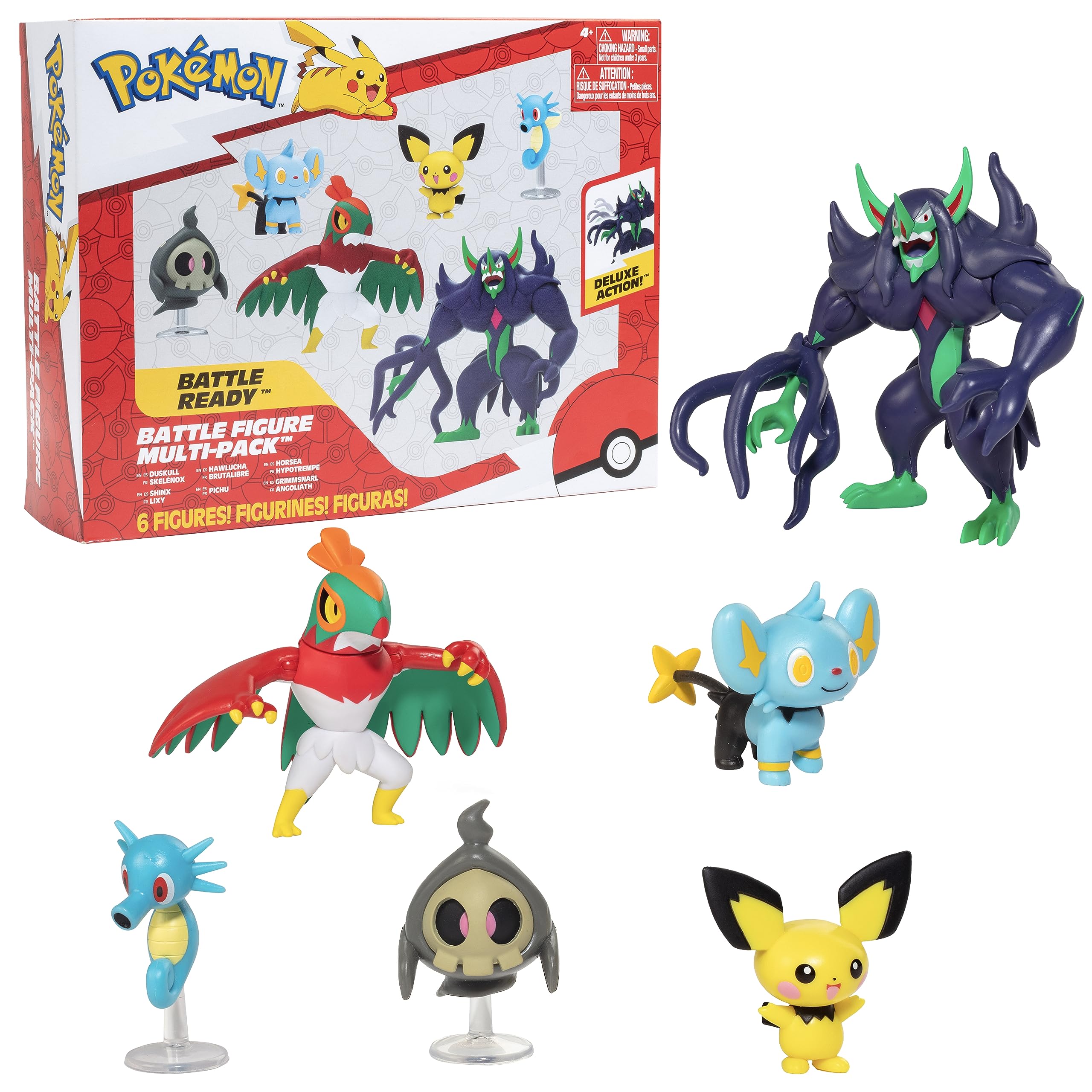 Pokémon Figure Battle Ready Set with 4.5" Deluxe Action Grimmsnarl, 6 Pieces - Includes 2" Pichu, Duskull, Shinx, Hawlucha & Horsea - Officially Licensed - Gift for Kids, Boys, Girls & Fans of Pokemon