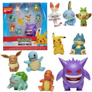 pokémon ultimate battle multi 10 pack action figures - gengar, pikachu, charmander, squirtle, bulbasaur, eevee, sobble, grookey, scorbunny & munchlax - official authentic details