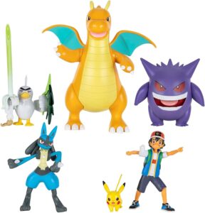 pokemon battle fig journeys multipack (5pk) 3'' lucario sirfetchd and 4.5'' ash & pikachu (journeys)