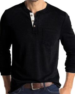 fashion mens henley shirts classic long sleeve basic button cotton t-shirt with pocket black