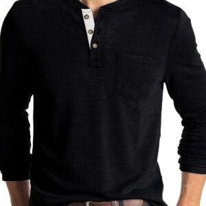 Fashion Mens Henley Shirts Classic Long Sleeve Basic Button Cotton T-Shirt with Pocket Black