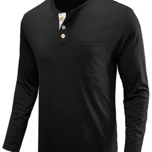 Fashion Mens Henley Shirts Classic Long Sleeve Basic Button Cotton T-Shirt with Pocket Black