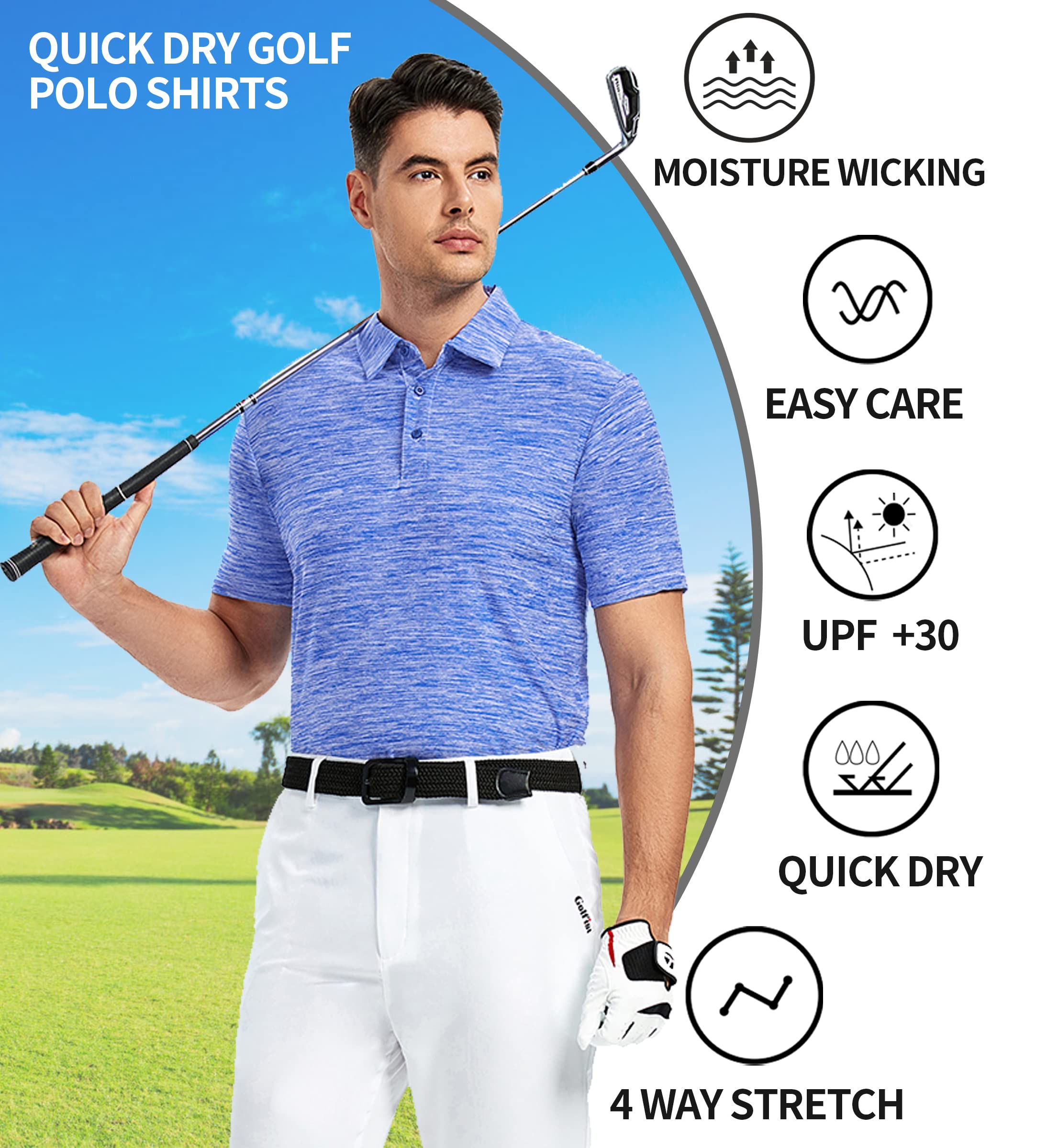 SAMERM Mens Golf Shirt Moisture Wicking Quick Dry Short Sleeve Casual Golf Polo Shirts for Men(Blue L)