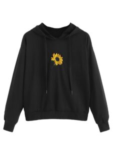 sweatyrocks women's floral print long sleeve hoodie casual drawing sweatshirt pullover crop top black l