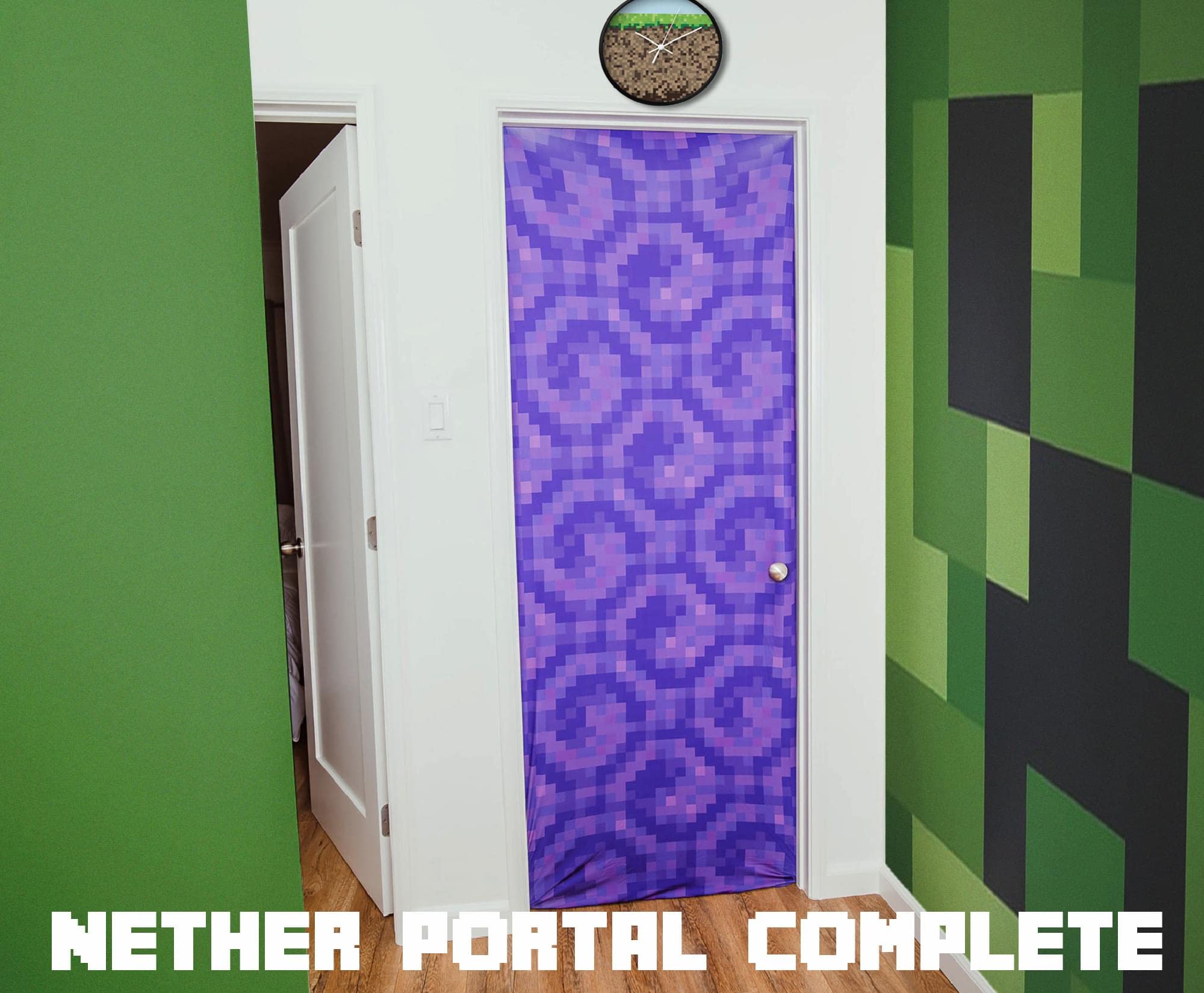 Ukonic Minecraft Purple Nether Portal Gateway Fabric Door Cling | Wall Decorations, Playroom Accessories, Kids Room Essentials Home Decor | Video Game Gifts and Collectibles | 34 x 82 Inches