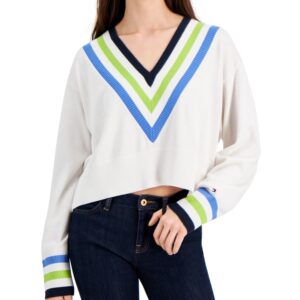 Tommy Hilfiger Womens V Neck Cropped Crop Sweater White XL