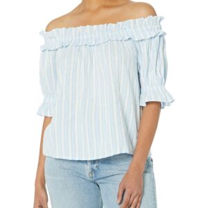 Tommy Hilfiger Women's Stripes Ruffles Off The Shoulder Casual, Blue/White