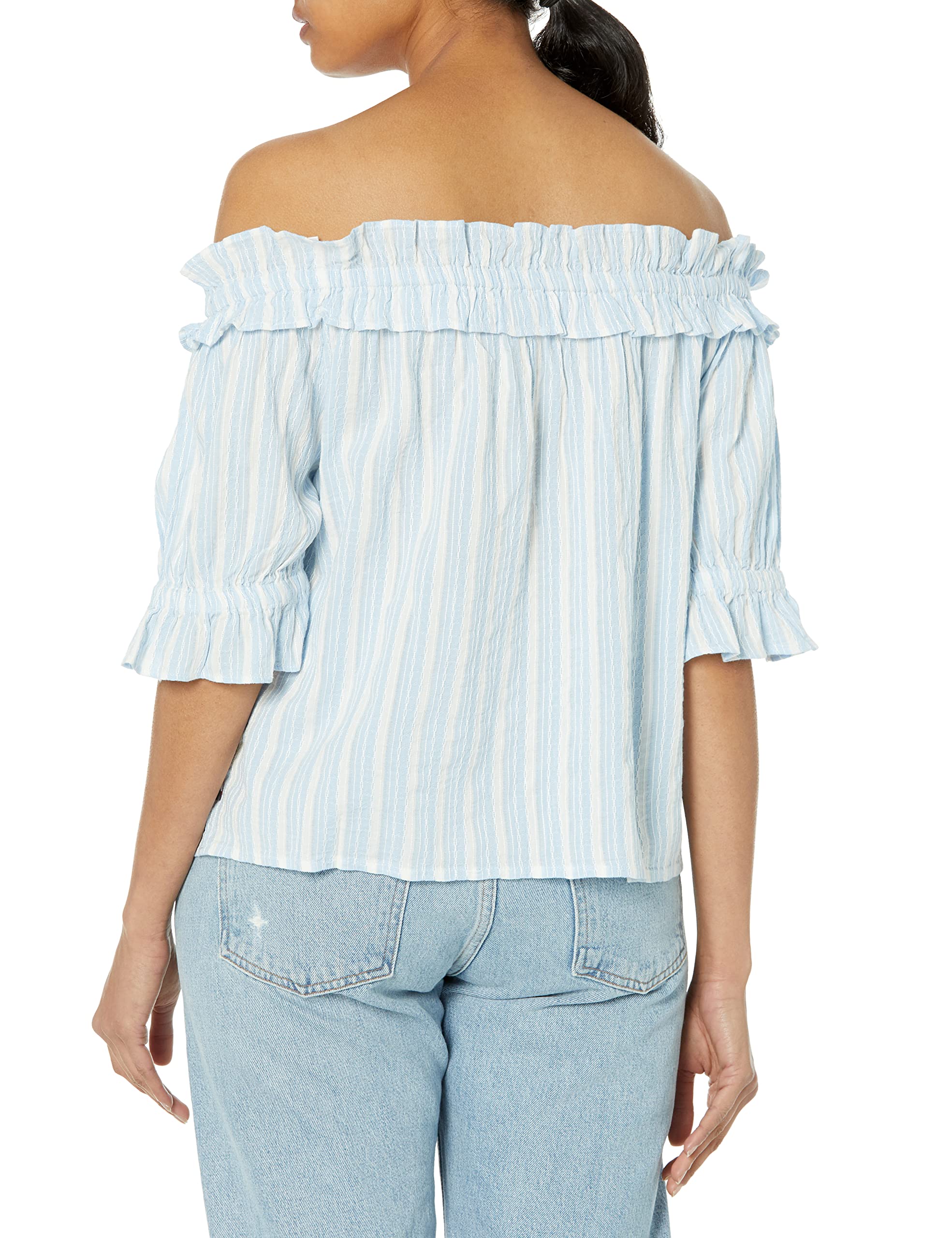 Tommy Hilfiger Women's Stripes Ruffles Off The Shoulder Casual, Blue/White