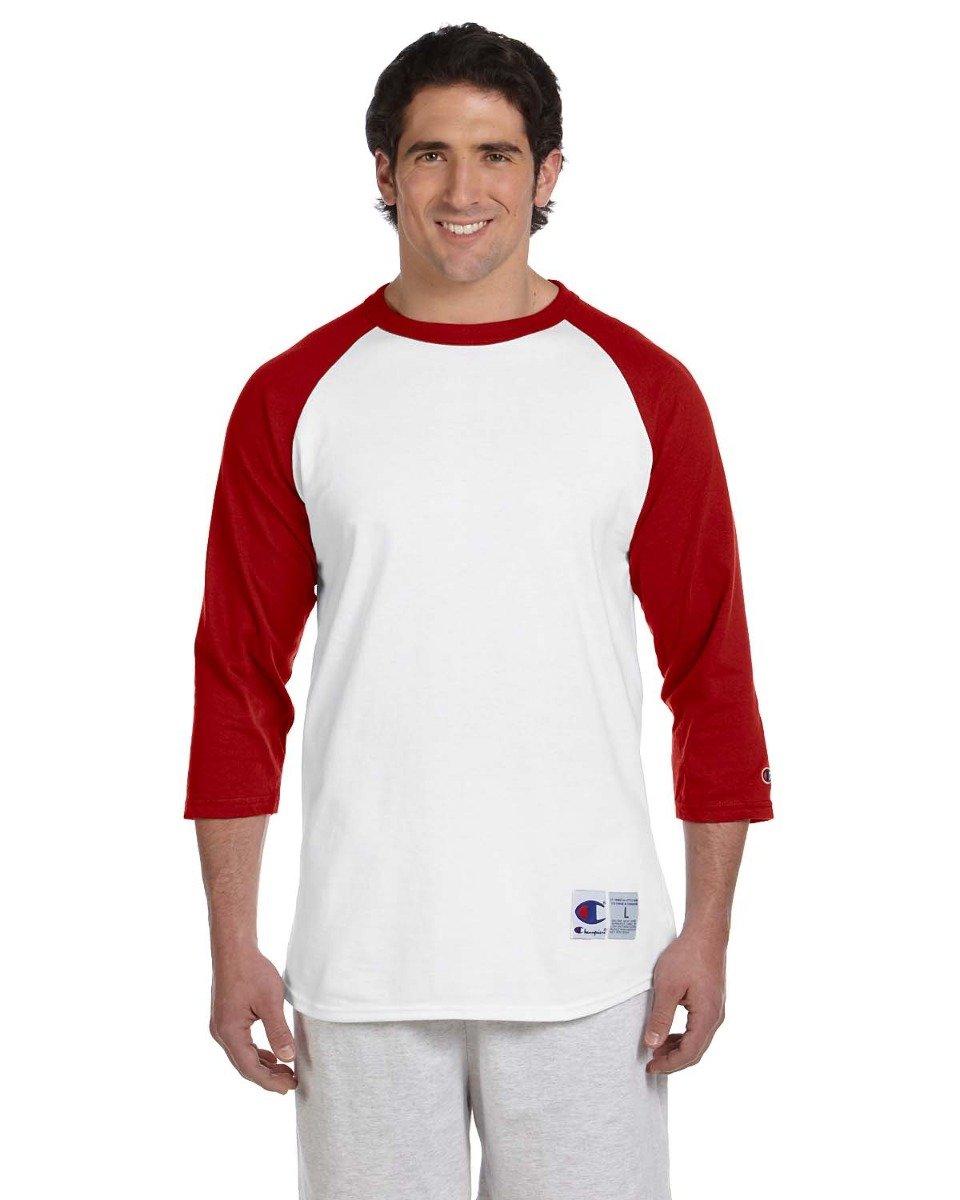 Champion Men's Raglan Baseball T-Shirt, White/Scarlet, X-Large