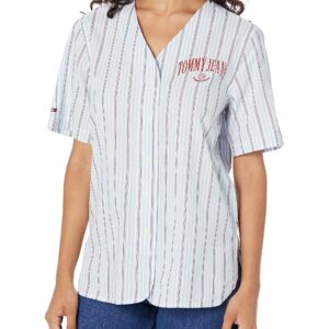 Tommy Hilfiger Women's Woven Baseball Button Up Striped Shirt, Sky Captain, Large